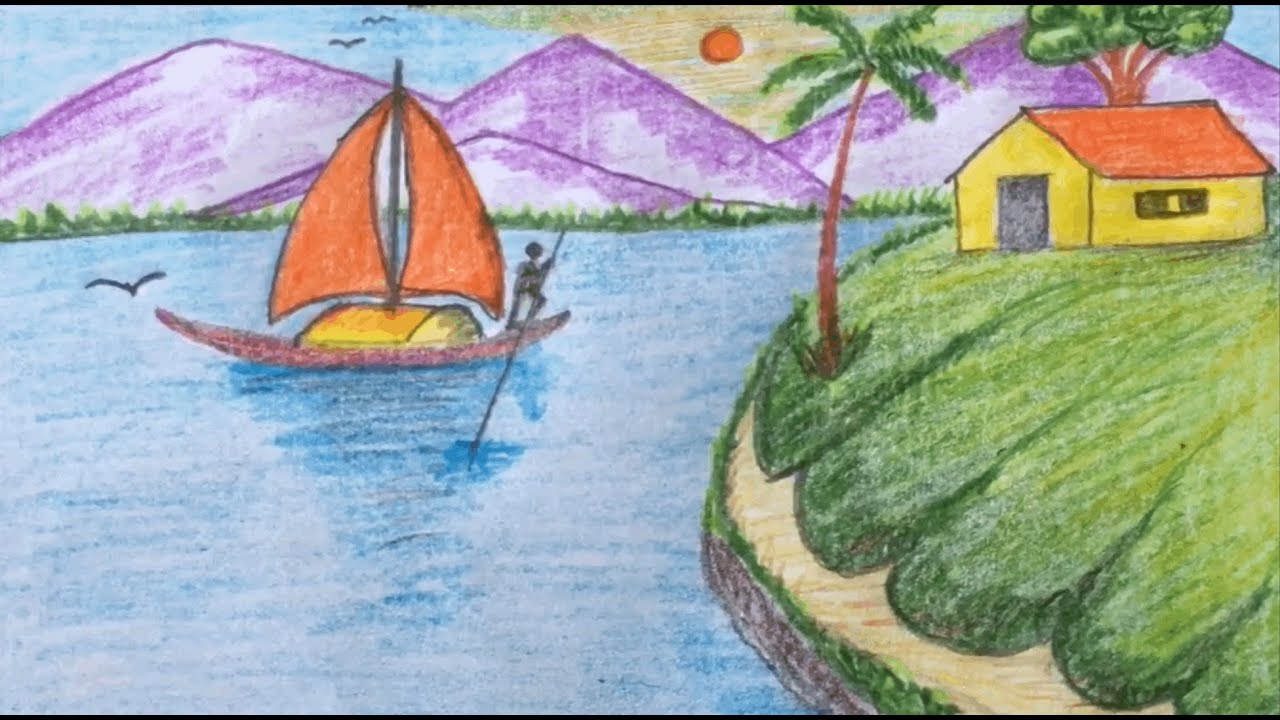 How to draw easy landscape riverside scenery| Boat drawing| Pencil Art ...