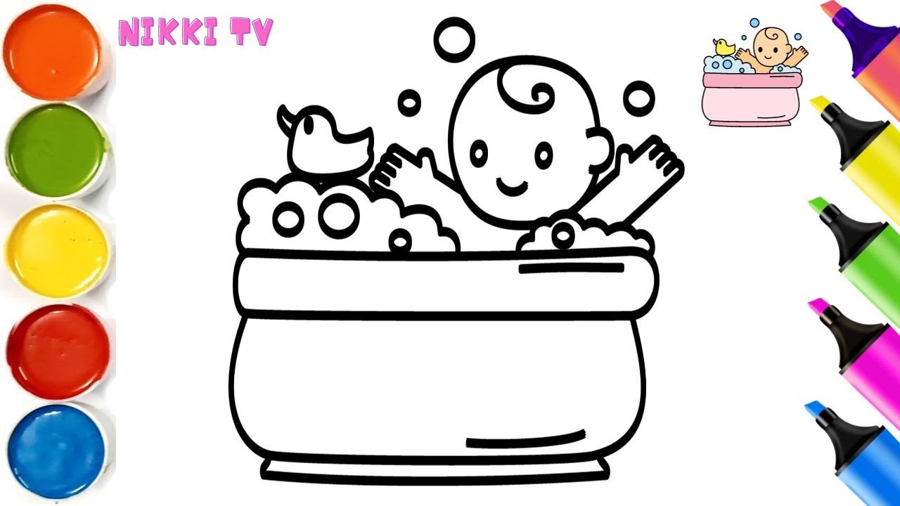 Cute Baby 👶🏻 in Bathtub Drawing, Coloring & Painting for Kids, Toddlers ...