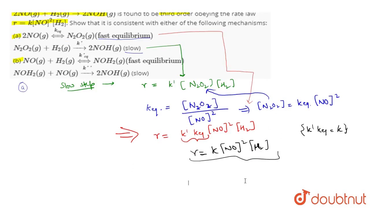 The termolecular reaction `2NO(g) + H_(2)(g) rarr 2NOH(g)` is found to ...