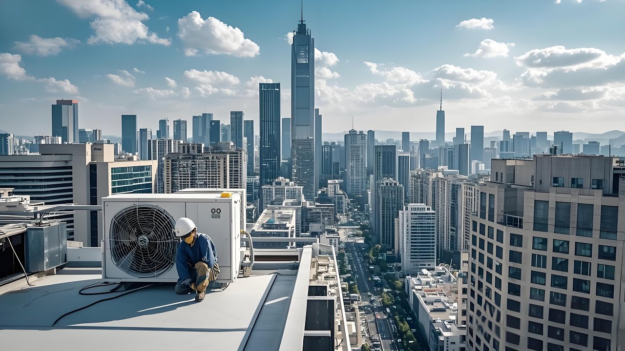 Installation of 3 HP air conditioner outdoor unit on the 15th floor ...