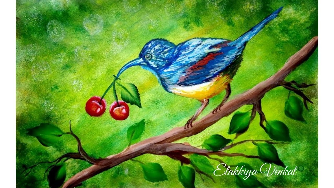🐦Step by Step Bird with Cherries l Acrylic Painting Tutorial l Bird Art ...