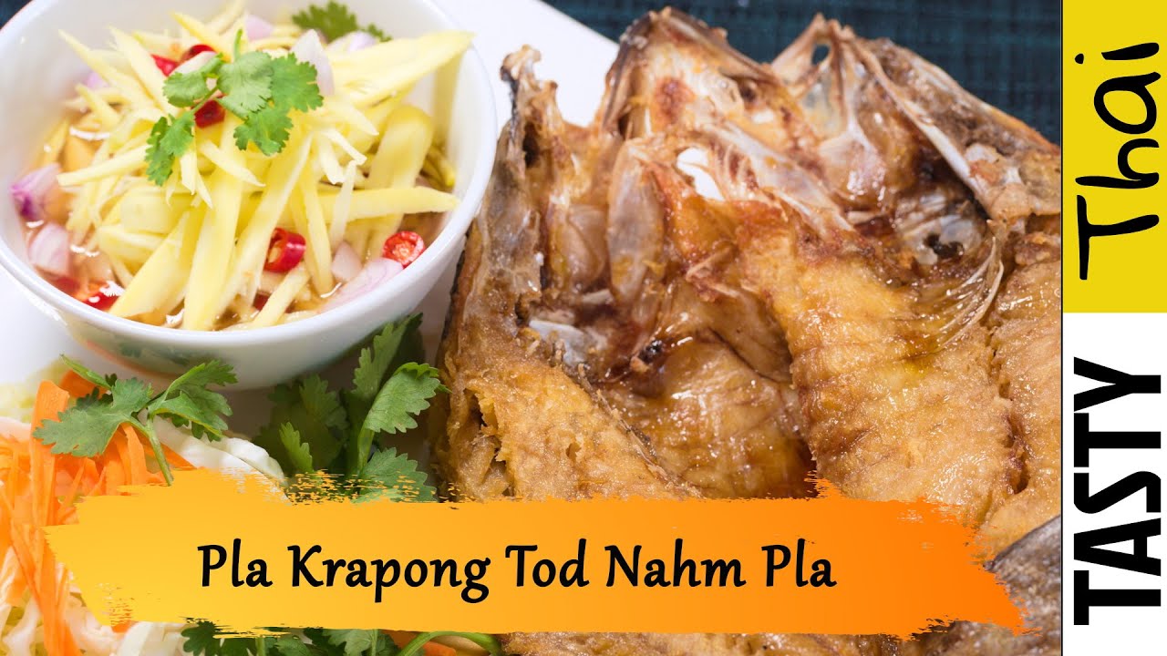 Deep Fried Sea Bass with Mango Salad – Pla Krapong Tod Nam Pla - YouTube