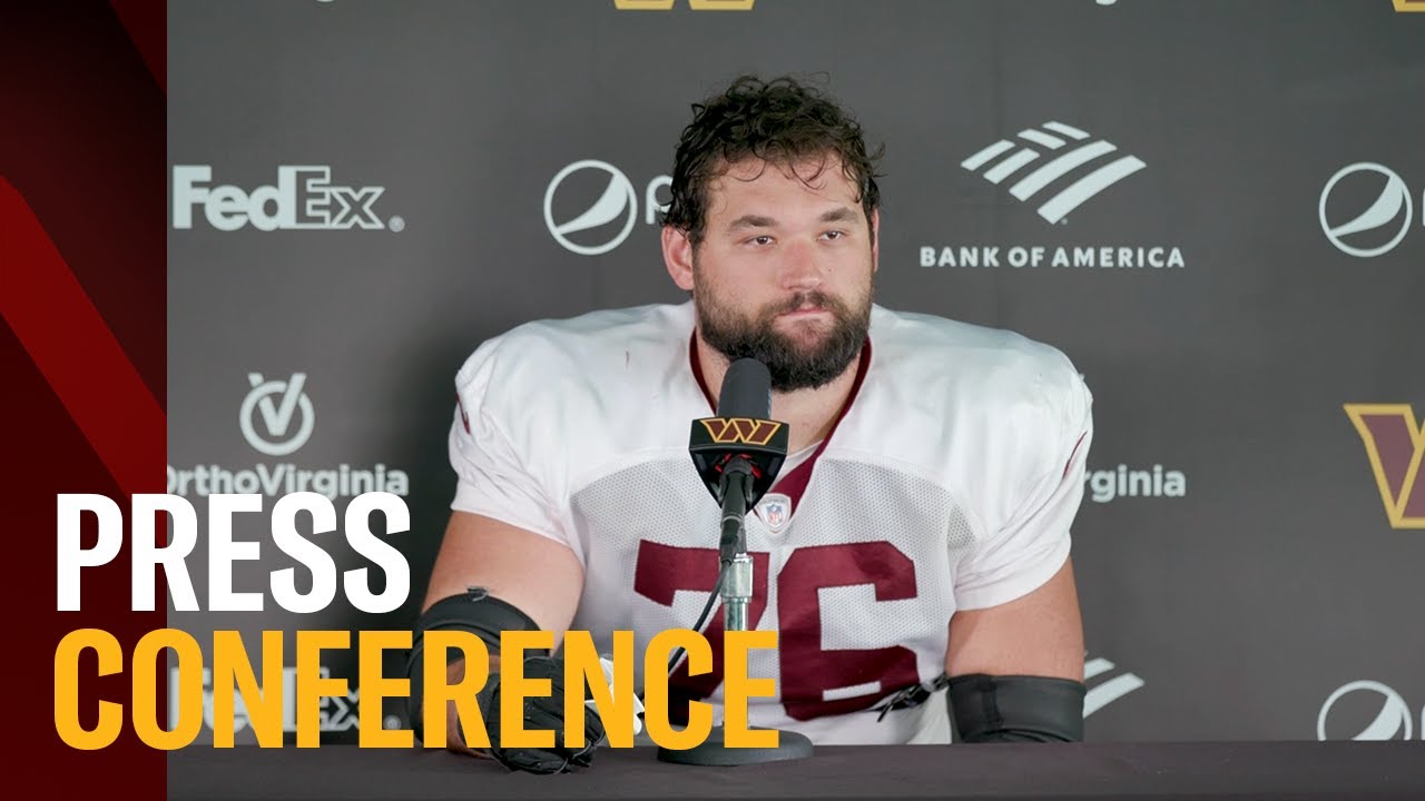OL Sam Cosmi speaks to the media after the first padded practice ...