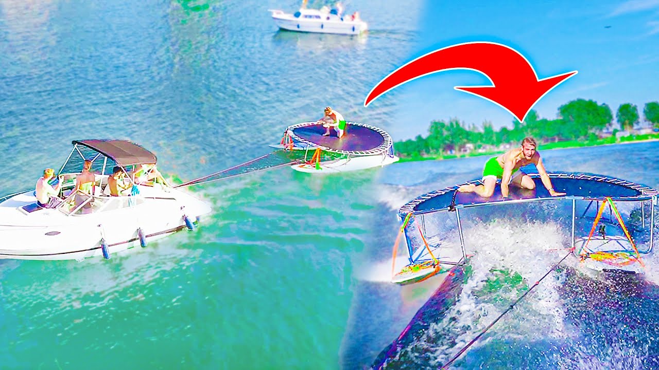 WE PUT MY TRAMPOLINE ON WATER BEHIND A BOAT! - YouTube