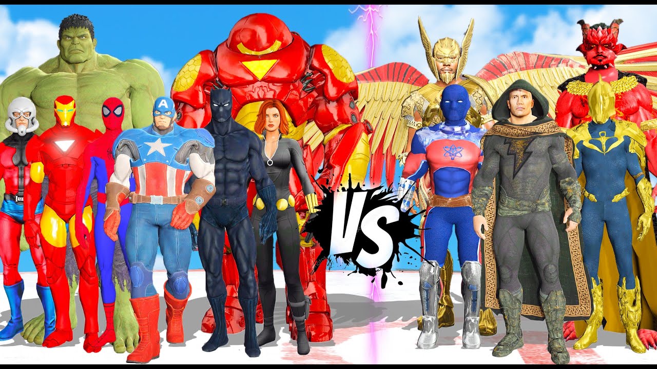 THE AVENGERS COMICS VS TEAM BLACK ADAM MOVIES - SUPERHEROES BATTLE ...