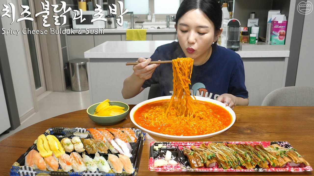 Real Mukbang:) Spicy Cheese Buldak Ramyun & Sushi ☆ Dessert Watermelon ...
