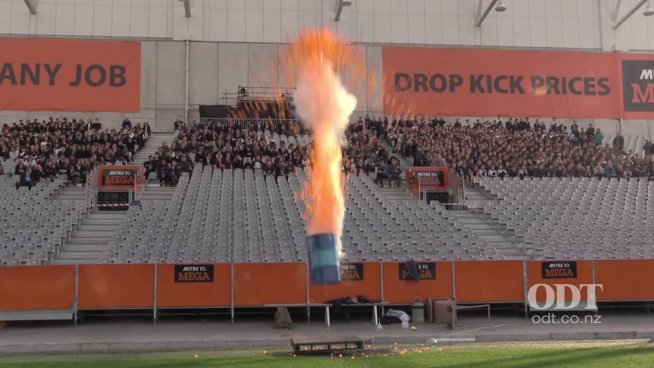 Liquid nitrogen ping-pong bomb at Forsyth Barr Stadium - YouTube