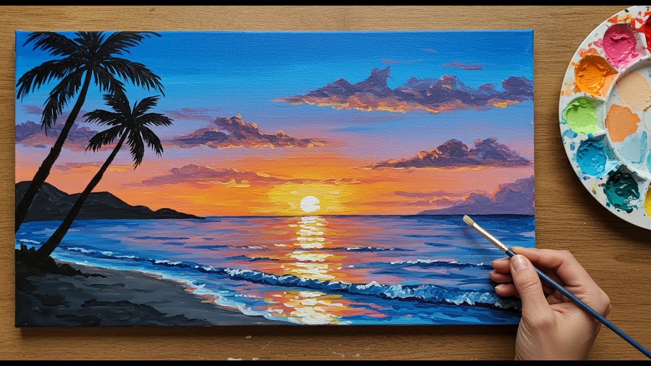 Sunset Beach Acrylic Painting | Painting Tutorial For Beginners - YouTube