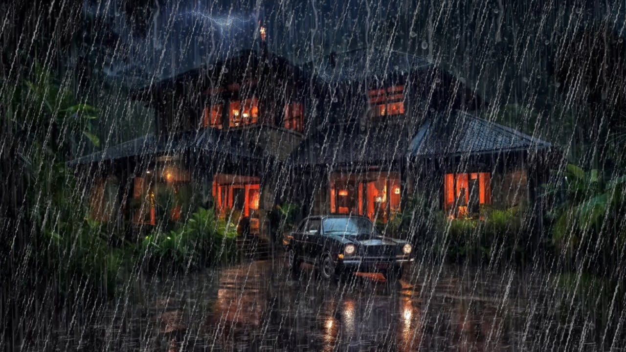 Stormy Rain Sounds on a Shadowy Cabin with a Warm Fireplace Glow in the ...
