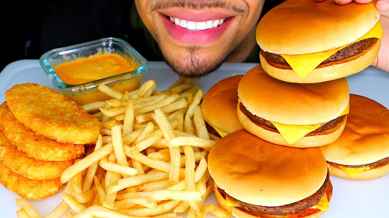 Asmr Mcdonalds Cheeseburgers Hash Browns Fries Cheese Sauce Mukbang No Talking Jerry Youtube