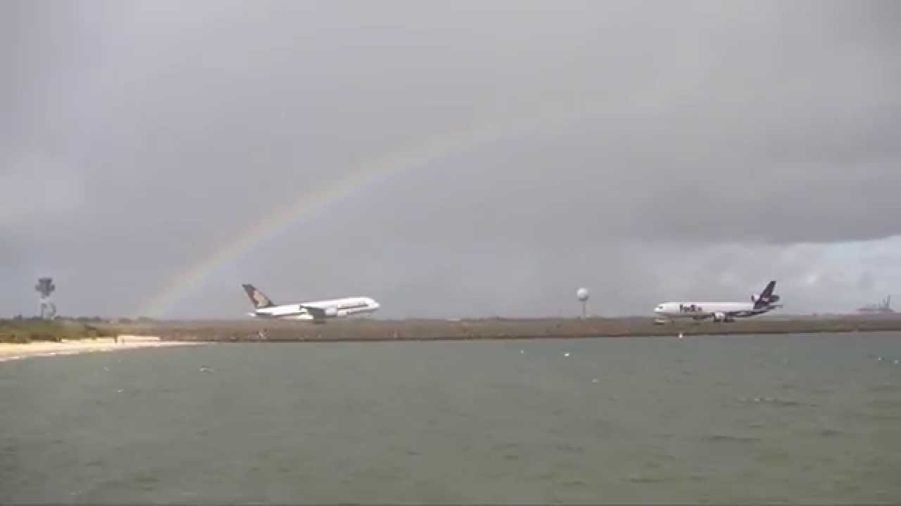 Singapore A380 Departure with Rainbow - YouTube