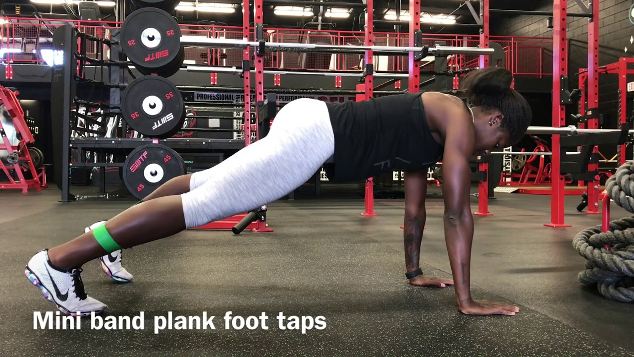 Mini band lateral steps | Mini band plank foot taps | Mini band lateral ...