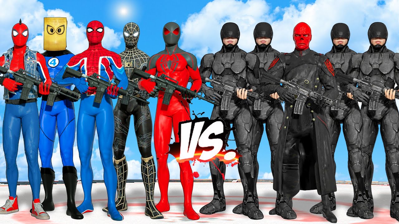 ALL SPIDER-MAN SUIT VS ROBOCOP ARMY & RED SKULL - SUPER EPIC BATTLE ...