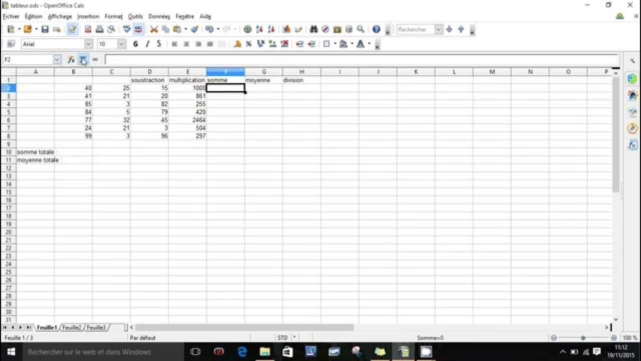 utiliser les calculs dans un tableur Open office - YouTube