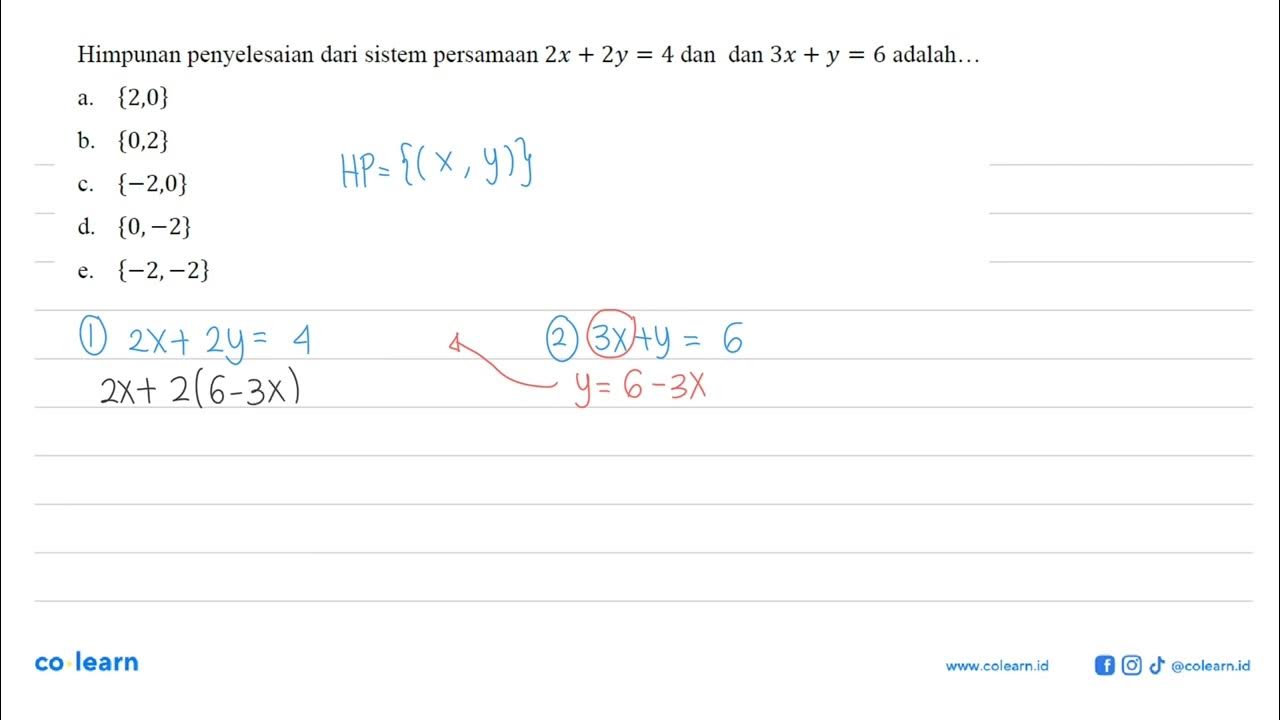 Himpunan penyelesaian dari sistem persamaan 2x+2y=4 dan dan 3x+y=6 adalah.... - YouTube