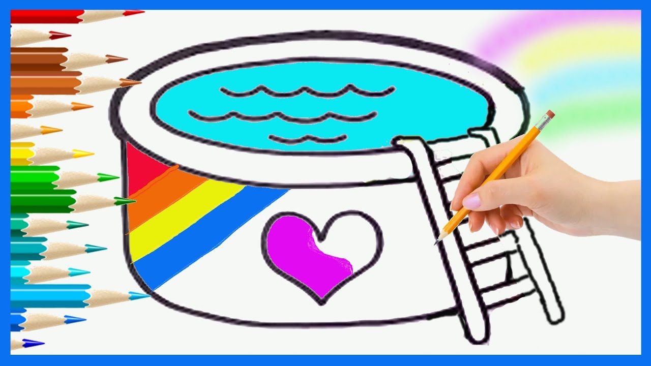 How to draw a portable swimming pool and color the rainbow for kids ...