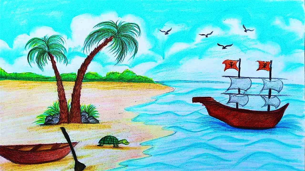 How to draw beautiful sea beach drawing step by step with oil pastels ...