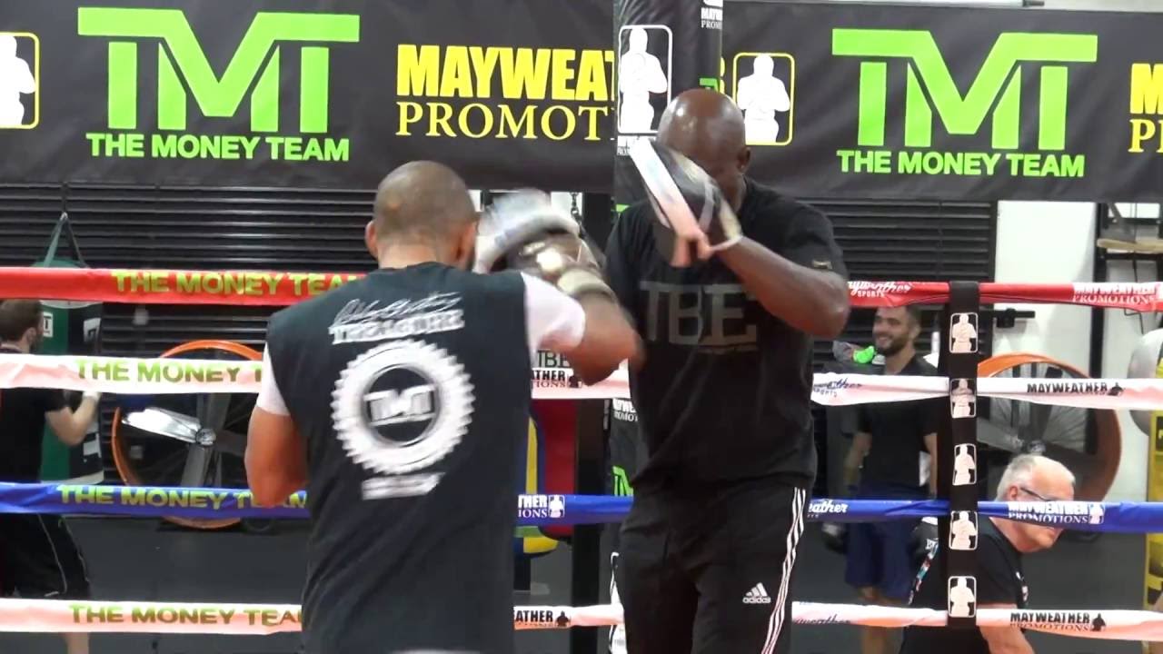 TMT fighter Ashley Theophane padwork inside the Mayweather Boxing Club ...