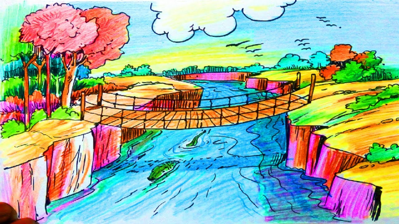 How To Draw Landscape With Bridge Natural Scenery - YouTube