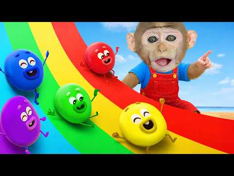 Mono KoKo Slides Down the Giant Rainbow Slide with Funny Color Friends! | MONO KOKO ESP