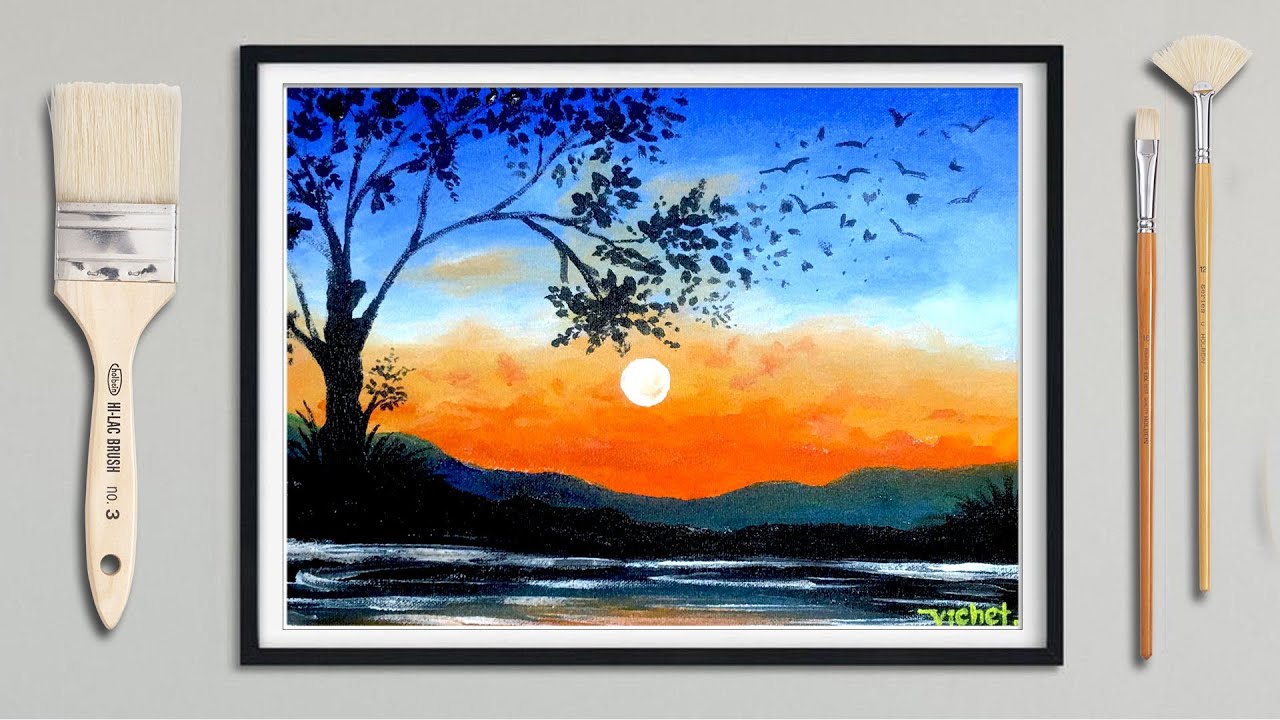 Acrylic painting | Sunset With A Tree | Painting Tutorial - YouTube