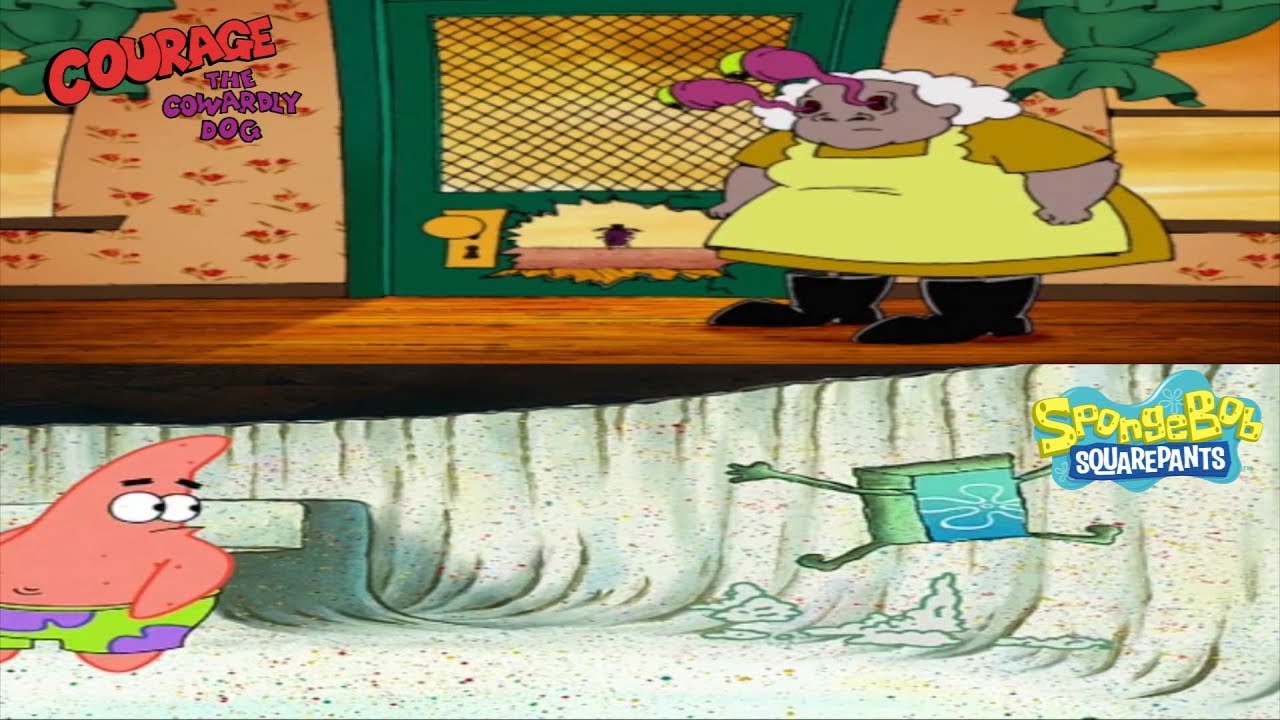 Courage and Spongebob Burst out of Door and Wall - YouTube