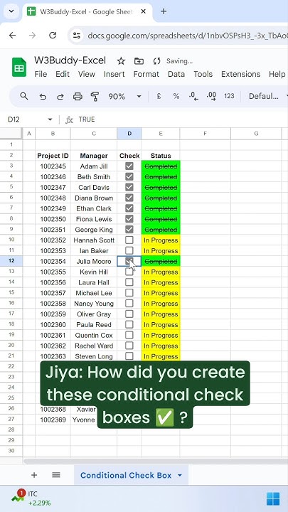 How to create conditional check boxes | W3Buddy #excel #tutorial #googlesheets #shorts # ...