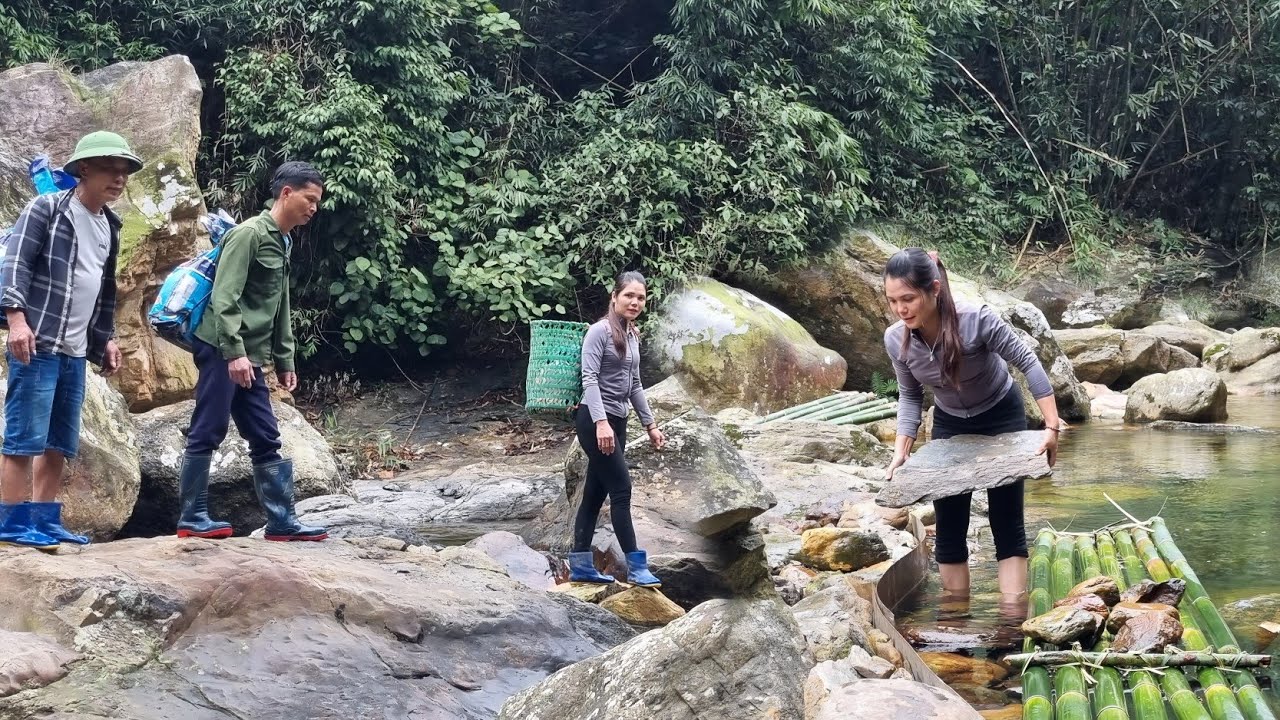 Use large rocks to block the water flow and build pillars to support ...