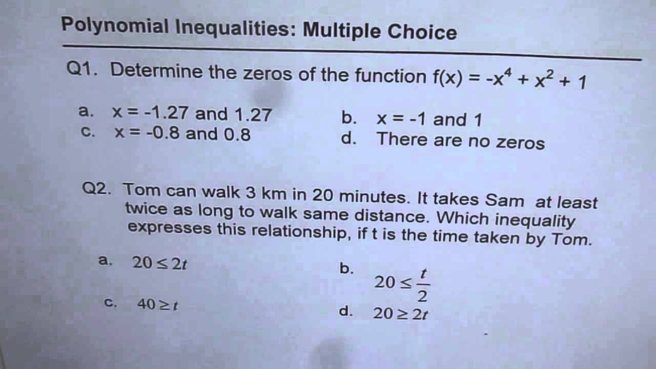 Test Multiple Choice Polynomial Inequality Q1 Q2 - YouTube
