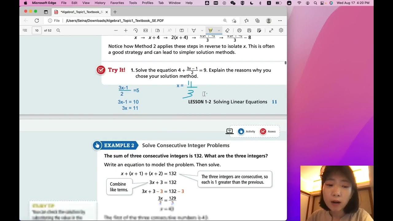 EnVision Algebra 1 Lesson 1-2: Solving Linear Equations - YouTube