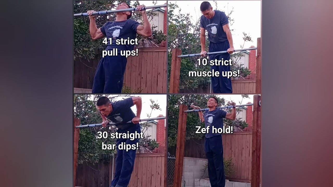 30 strict pull ups to 10 clean muscle ups to 30 bar dips to 10 pull ups to Zef hold to pull up ...