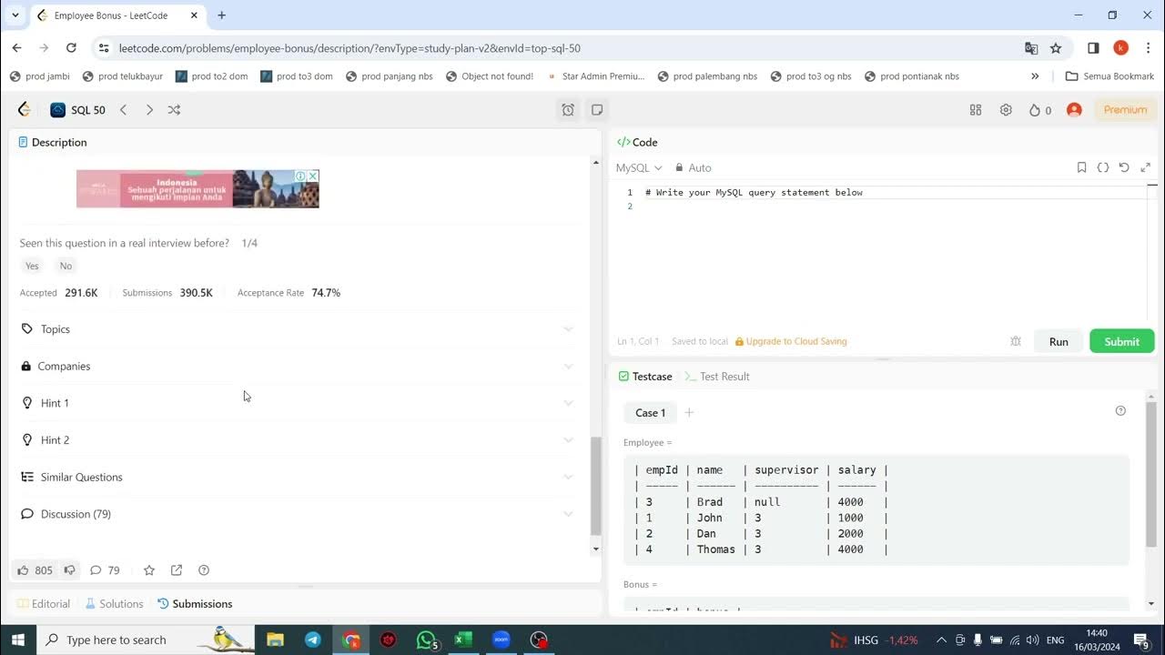 coding challenge : leetcode.com employee bonus using sql / mysql - YouTube