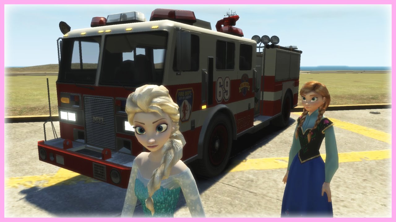 Frozen Elsa and Anna Driving Fire Truck - Wheels On The Bus Go Round ...
