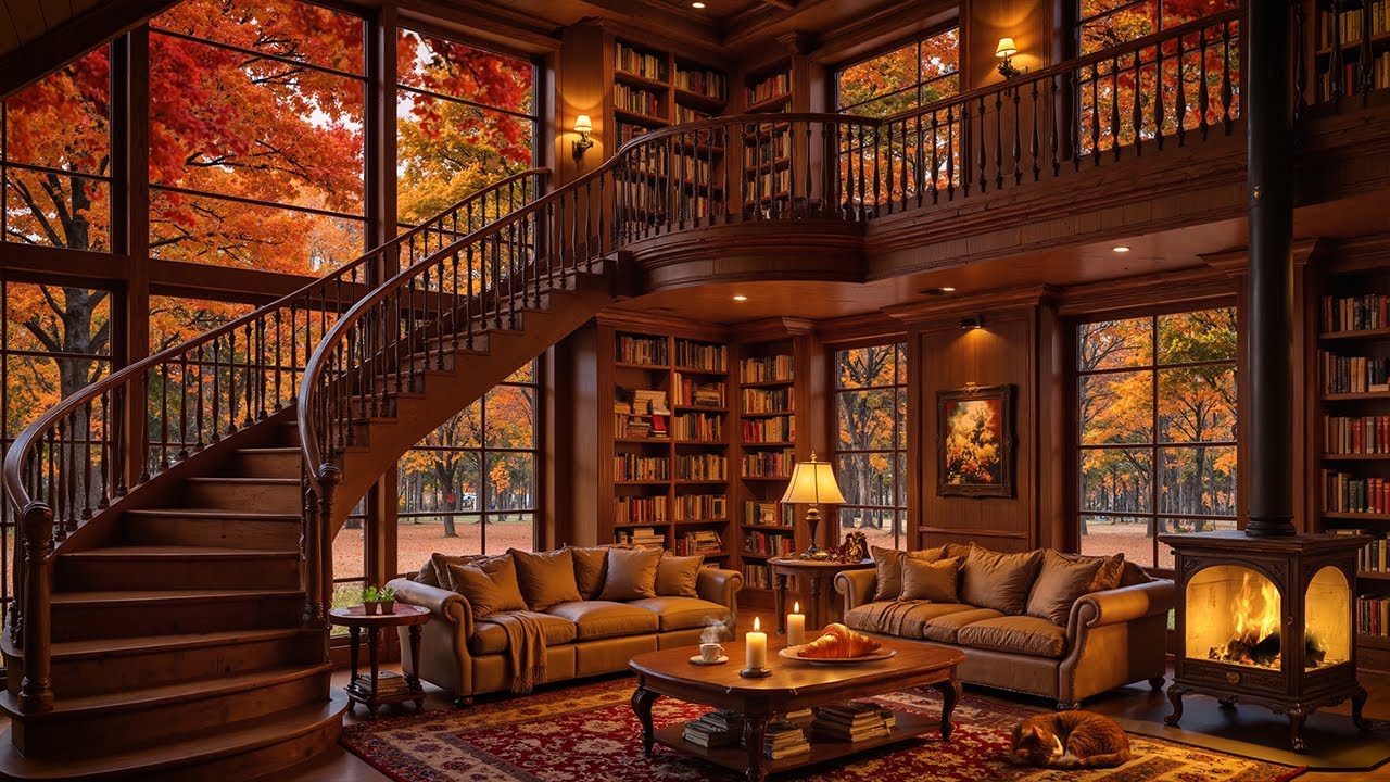 Fall Library Cafe Ambience with Gentle Jazz 🍂 September Fall Morning ...