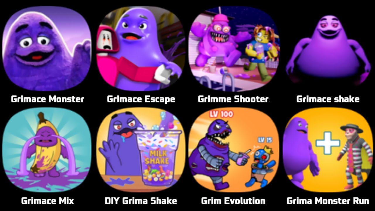 Grimace Monster Scary Survival, Grimace Shake, Grimae Escape, Grimme Shooter, Grimace Mix ...