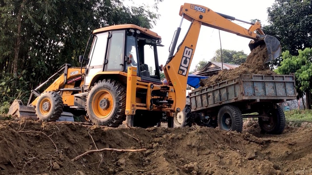 Backhoe Loader Loading Soil Tractor & Tripper Truck - YouTube