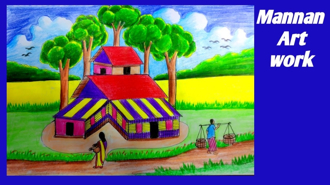 Drawing a beautiful village with color Pencils - YouTube