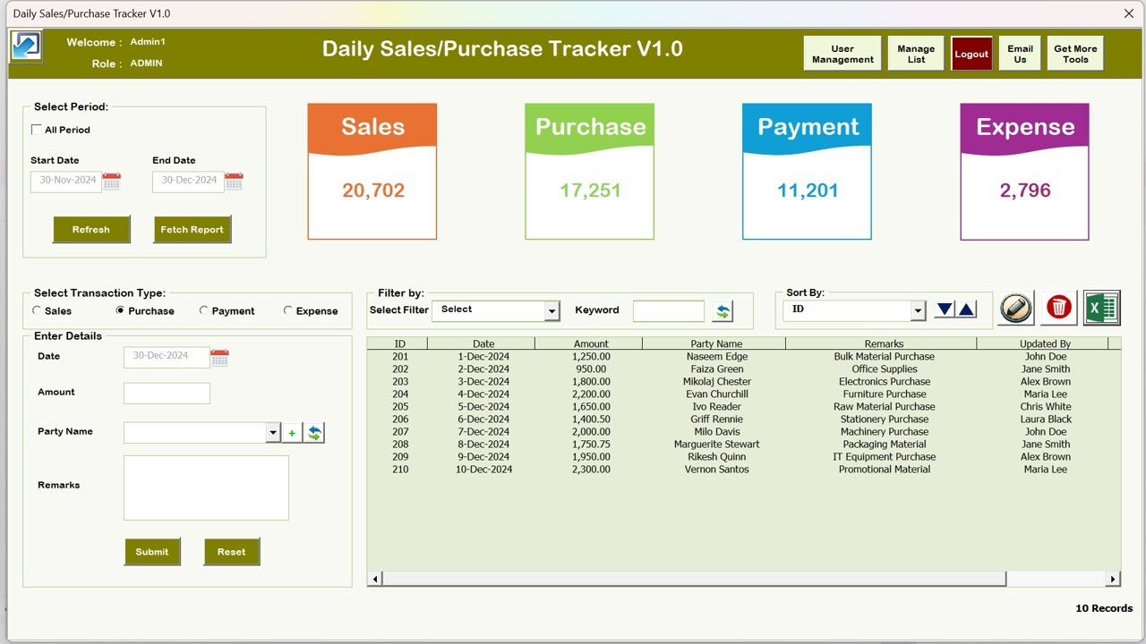 Daily Sales Purchase Tracker V1.0 in Excel | Track Sales, Purchase ...