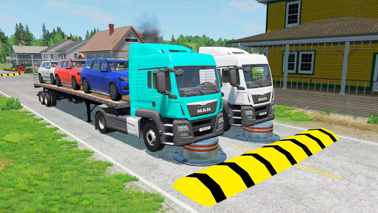 Double Flatbed Trailer Cars Transportation with Truck - Train vs Car ...