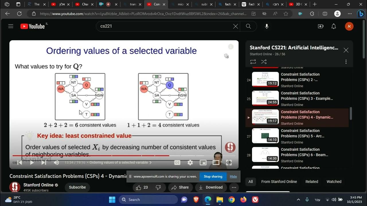 מבוא לבינה מלאכותית CSP Least Constrained Value LCV Heuristic - YouTube