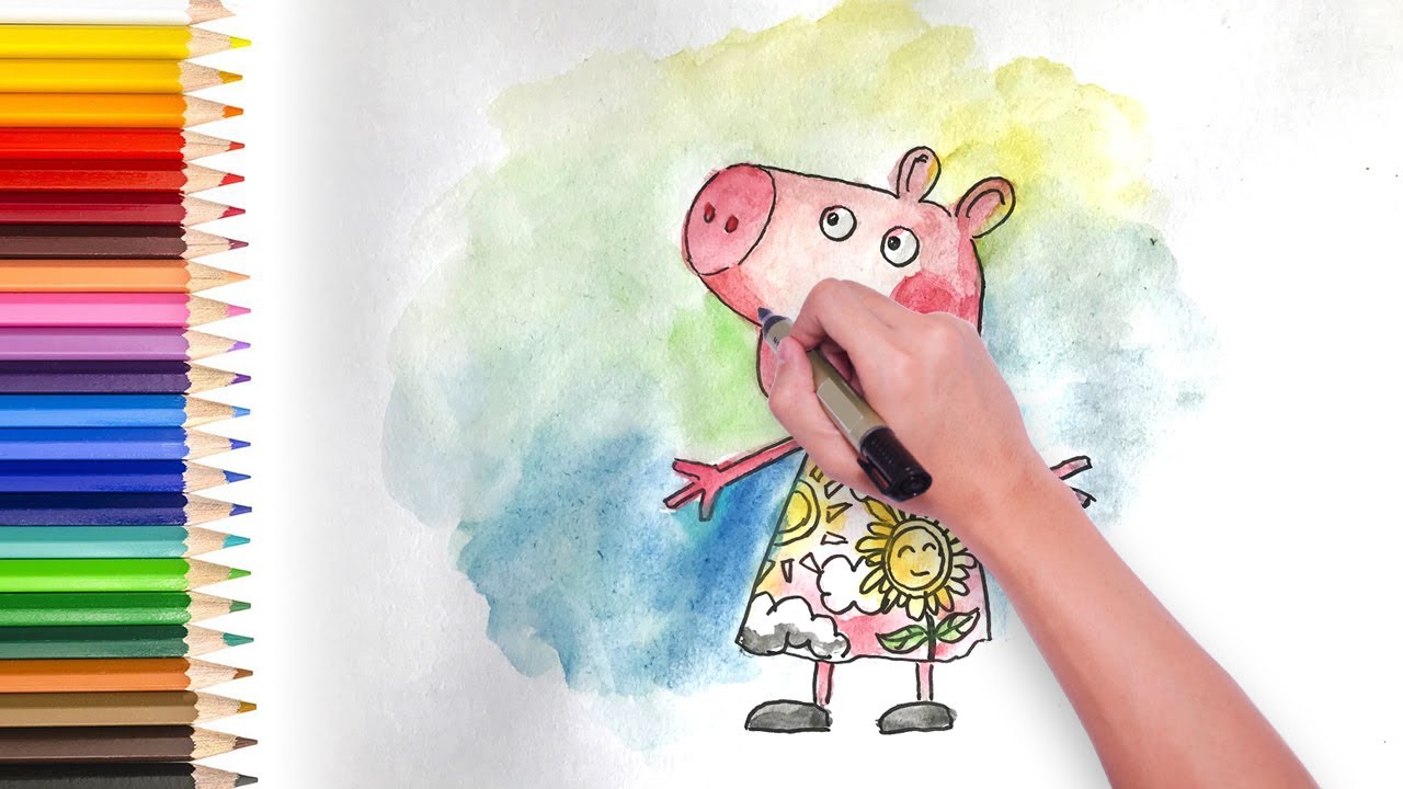 7 minutes Painting Idea, Painting Peppa Pig using watercolor, full ...