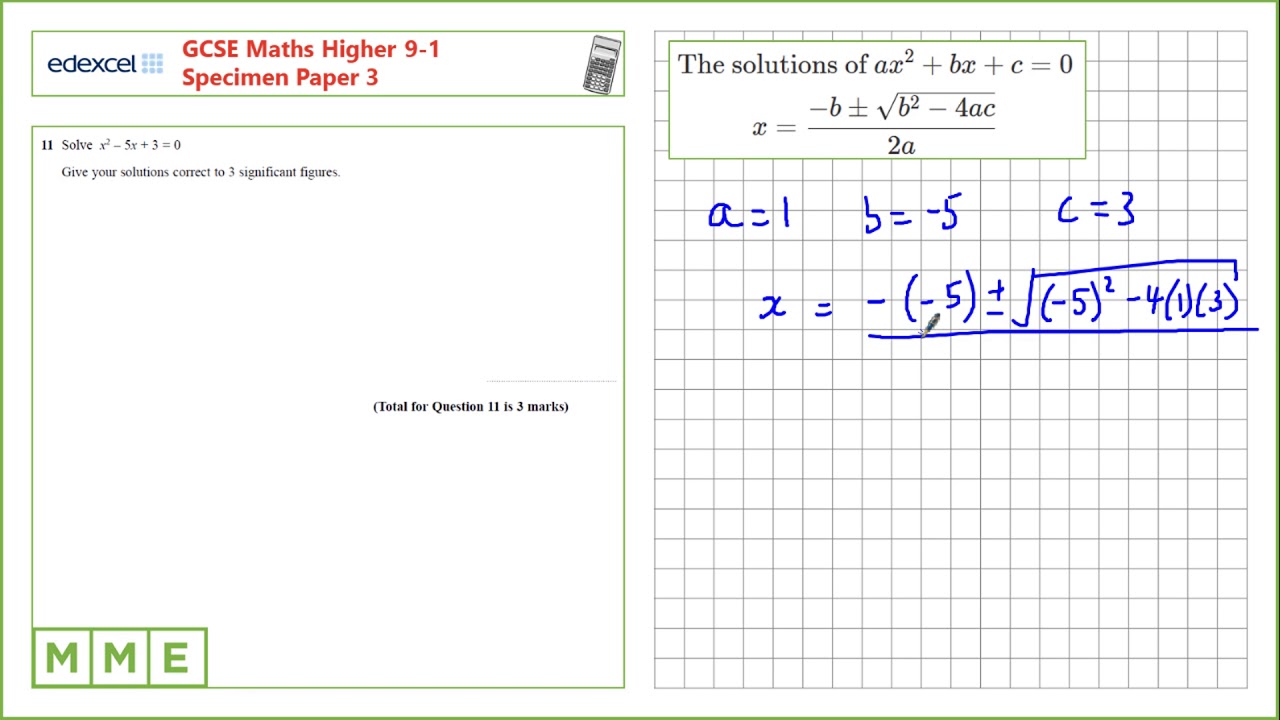 GCSE Maths EDEXCEL Higher Specimen Paper 3 Q11 Quadratic formula - YouTube
