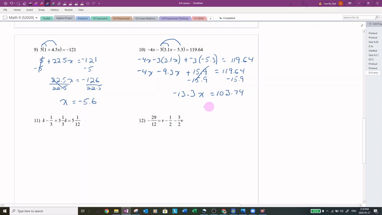 Math 9 Lesson 6.4: Multi-step algebra with variables on one side ...