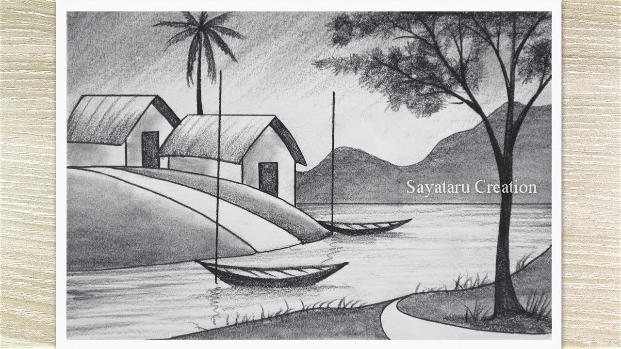 River Side Scenery Drawing with Pencil Sketch, Pencil Drawing for ...