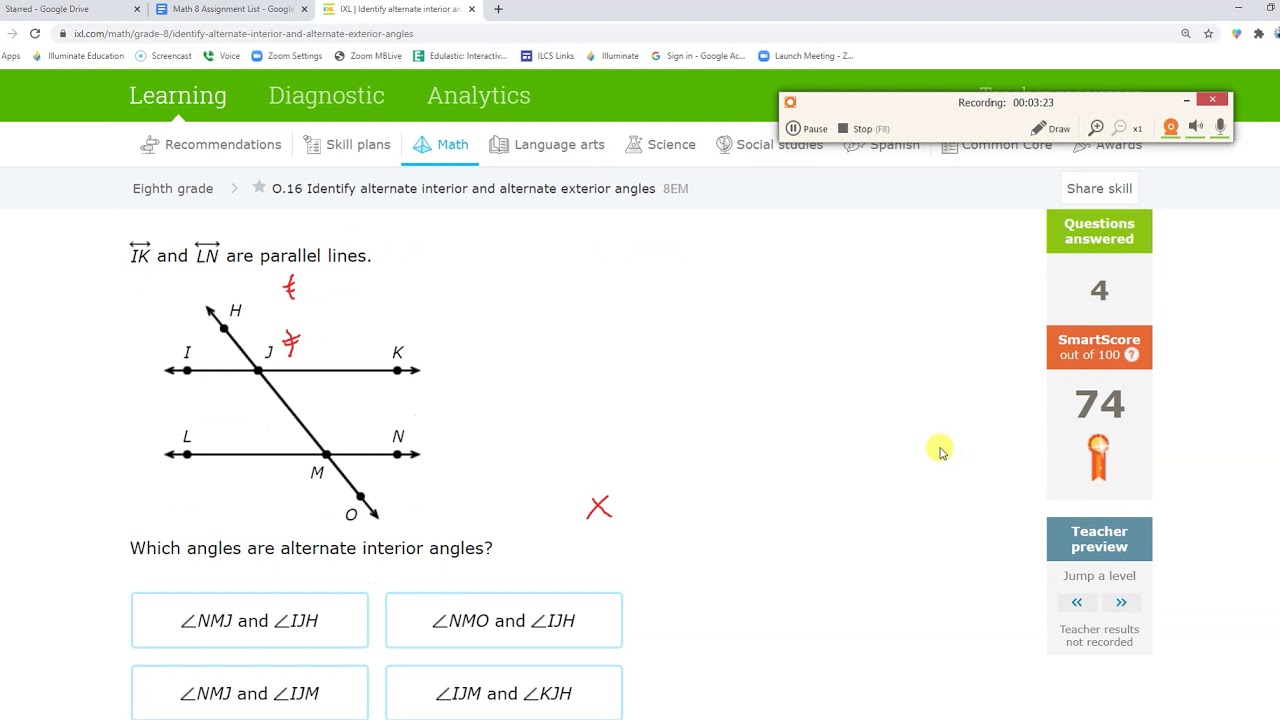 ixl 8th O.16 Identify alternate interior and alternate exterior angles ...