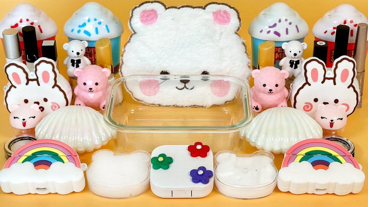 WHITE SLIME 🤍🐰 Mixing white Makeup Glitter and Beads into Clear Slime ...