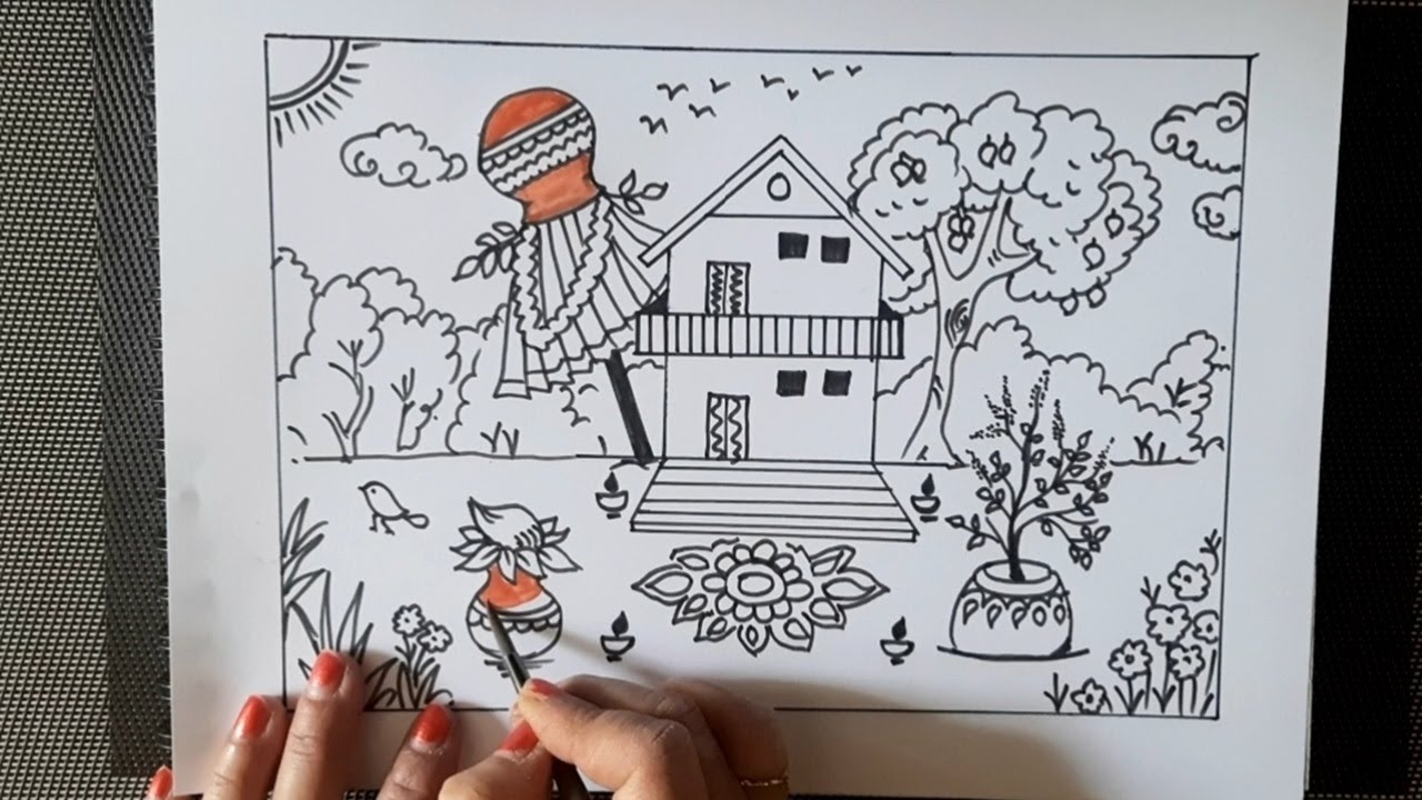 Gudi padwa drawing | How to draw Gudi padwa festival line drawing step ...