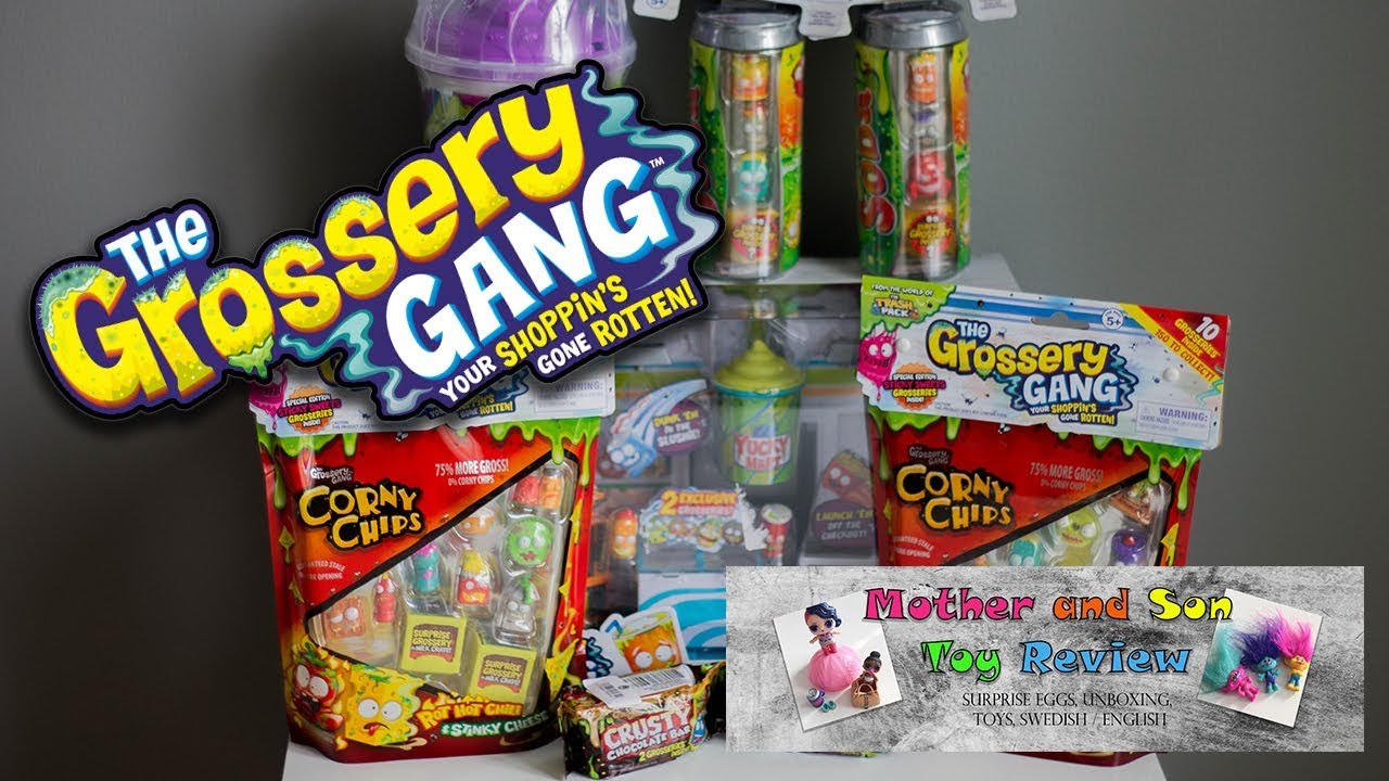 Toy Unboxing The Grossery Gang Yuck Mart Cans Mushy Slushie corny chips ...