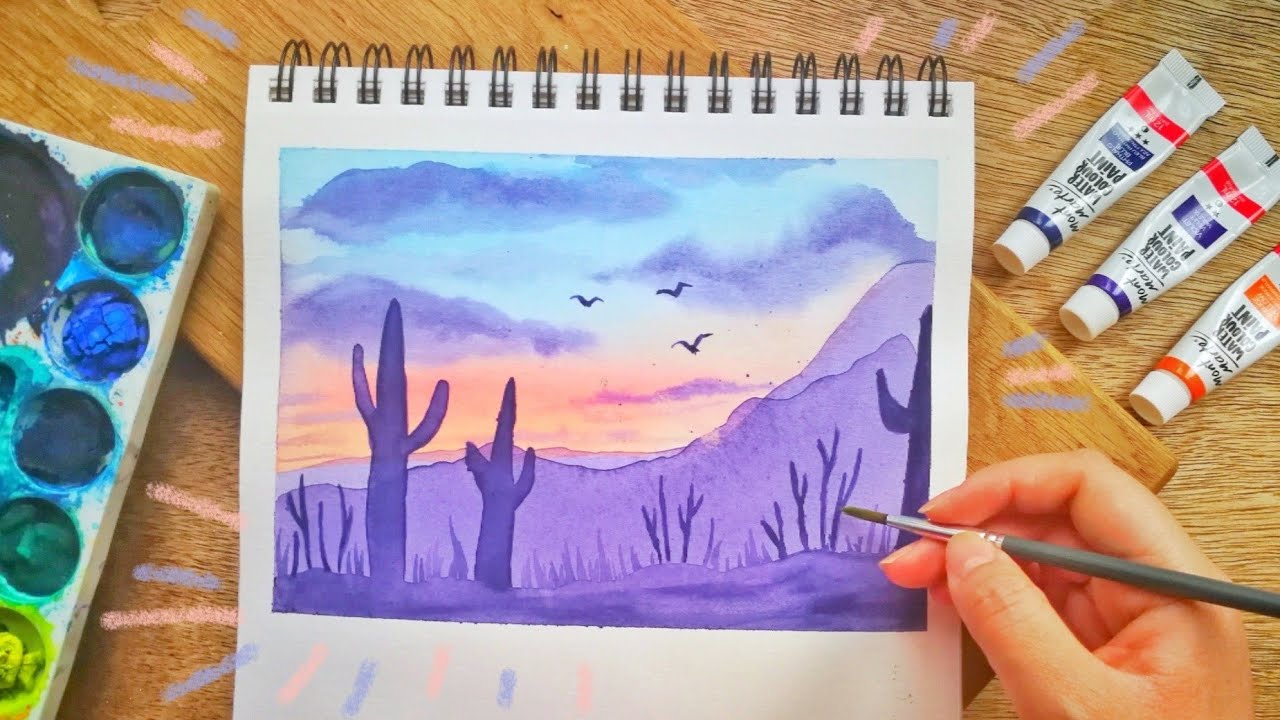 How to paint a simple desert landscape // Beginner Watercolor Tutorials ...