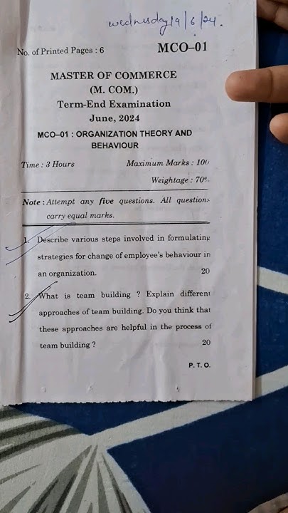 Mcom MCO-01 Organization theory and behaviour question paper 2024 - YouTube